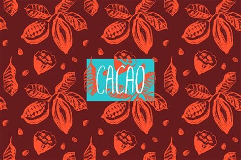 Red Cocoa Fruits Pattern Seamless With Cocoa Bean Hand Drawn