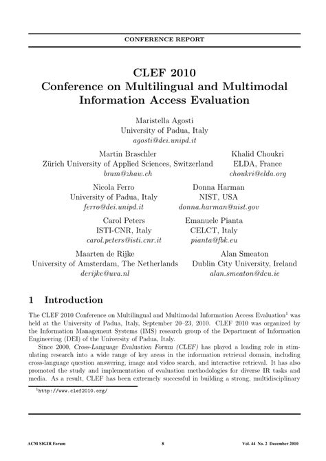Pdf Clef 2010 Conference On Multilingual And Multimodal Information Access Evaluation