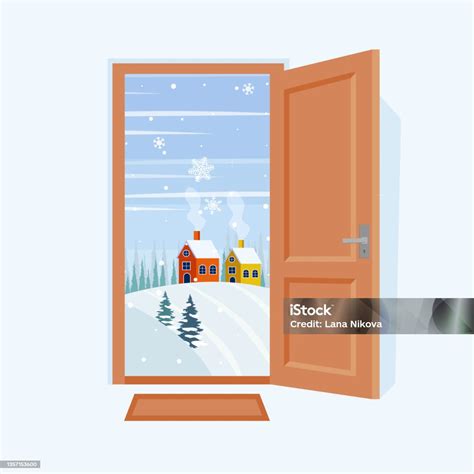 Ilustración De Puerta A Un Paisaje Invernal Ilustración Vectorial De Estilo De Dibujos Animados