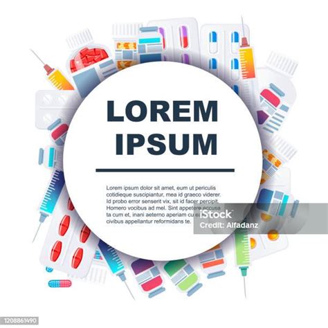 흰색 배경에 알약 및 의료 주사기 플랫 벡터 일러스트와 중앙에 의료 인사말 카드 또는 전단지 개념 디자인 타원 0명에 대한 스톡 벡터 아트 및 기타 이미지 Istock