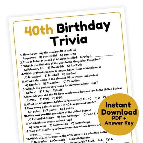 40th Birthday Trivia Game 40th Birthday Game Printable 40th Birthday Party Game For Adults