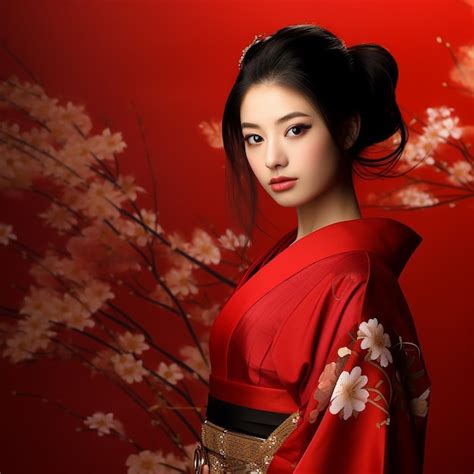 Pictures Of Beautiful Japanese Girls Red Background Premium Ai