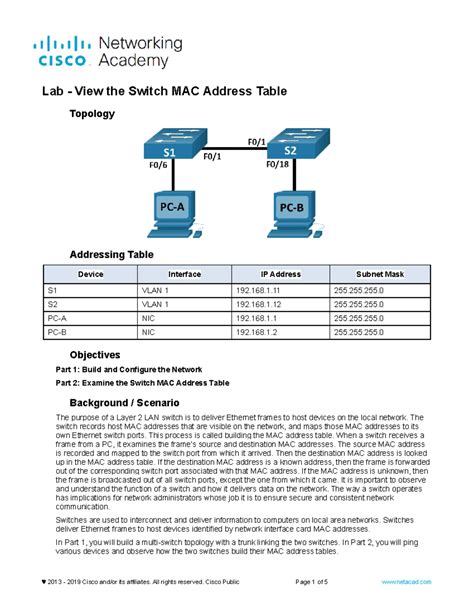 737 Lab View The Switch Mac Address Table Topology Addressing Table Device Interface Ip