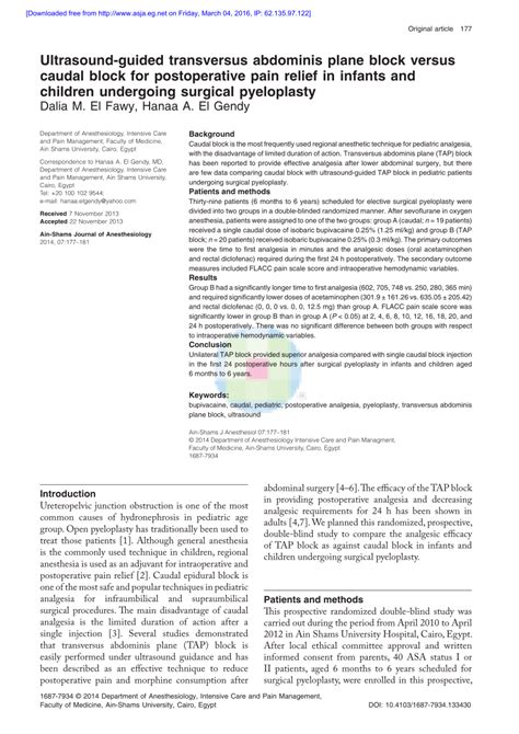 Pdf Ultrasound Guided Transversus Abdominis Plane Block Versus Caudal Block For Postoperative
