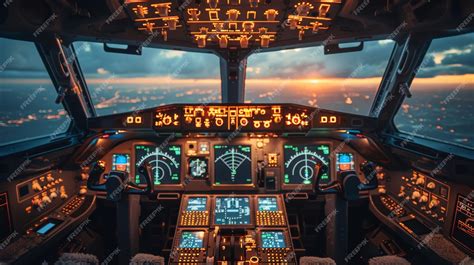 Illuminated Cockpit Of A Commercial Airplane During Sunset Flight