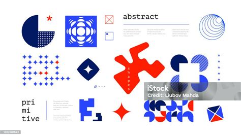 추상적 인 간단한 모양입니다 밝은 기하학적 형태 빨간색과 파란색의 대비 요소 최소한의 벡터 아트 포스터 Brutalism에 대한 스톡 벡터 아트 및 기타 이미지 Istock