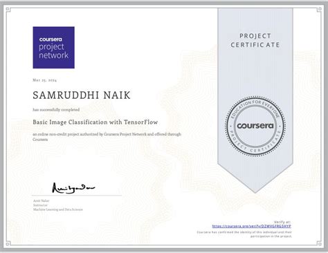 Completed Basic Image Classification With Tensorflow Course On Coursera