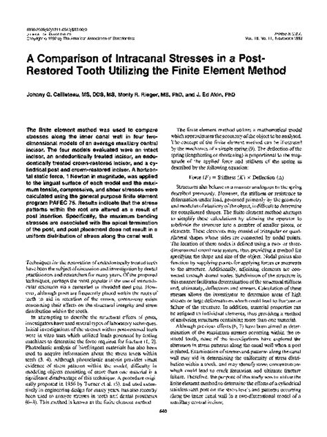 Pdf A Comparison Of Intracanal Stresses In A Post Restored Tooth Utilizing The Finite Element