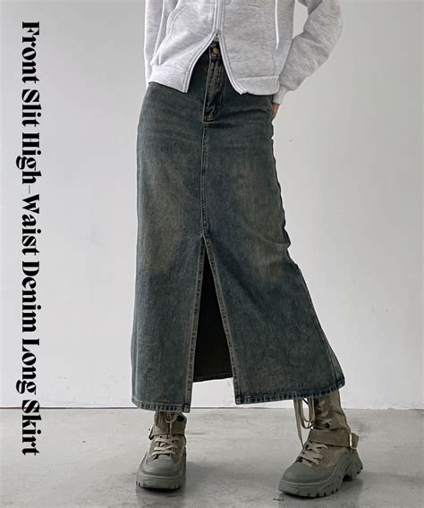 힙ღ 프론트 슬릿 앞트임 빈티지 워싱 중청 청치마 맥시 롱 스커트 에이블리