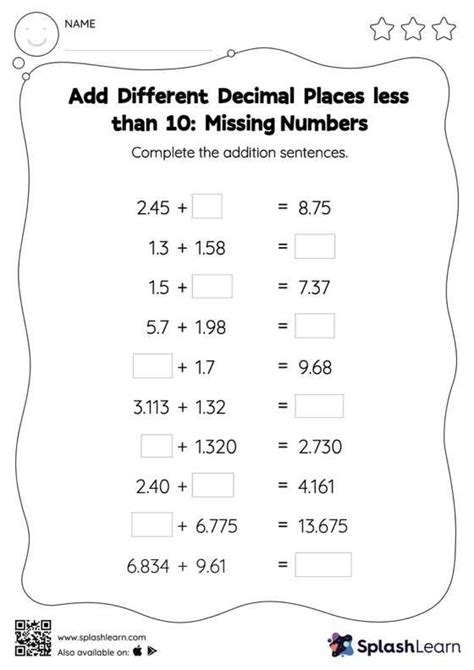 Add Different Decimal Places Less Than 10 Missing Numbers Math Worksheets Splashlearn