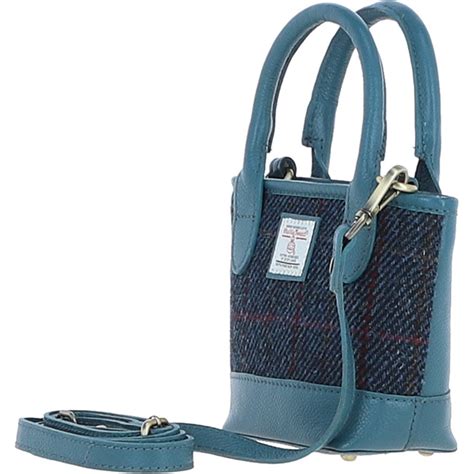 Leather And Harris Tweed Small Tote Handbag Teal The Hat Company