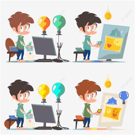 만화 소년은 컴퓨터에 전구를 들고 사무실에서 일하는 창의적인 사람입니다 벡터 프로세스 클립 아트 만화 Png 일러스트 및 벡터 에 대한 무료 다운로드 Pngtree