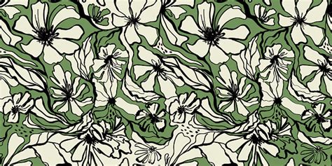 추상적 인 꽃과 잎 검은 획 흰색과 올리브 녹색 배경과 식물 완벽 한 패턴 식물 예술 템플릿입니다 직물 벽지 포장 직물 종이에 세련된 인쇄 녹색 배경에 대한 스톡 벡터 아트
