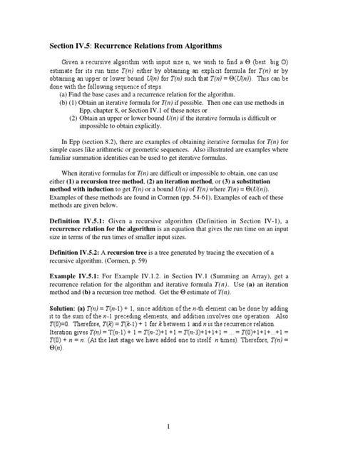 Section Iv5 Recurrence Relations From Algorithms Pdf Recurrence Relation Logarithm