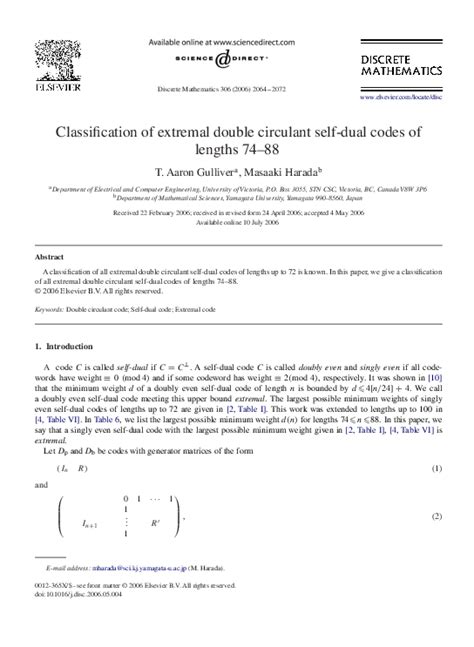 Pdf Classification Of Extremal Double Circulant Self Dual Codes Of Length Up To 62