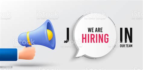 우리는 확성기로 배너를 고용하고 있습니다 승진 Hr 배경 스피커와 함께 고용 메시지를 고용하십시오 팀을 고용하십시오 벡터 3차원 형태에 대한 스톡 벡터 아트 및 기타 이미지