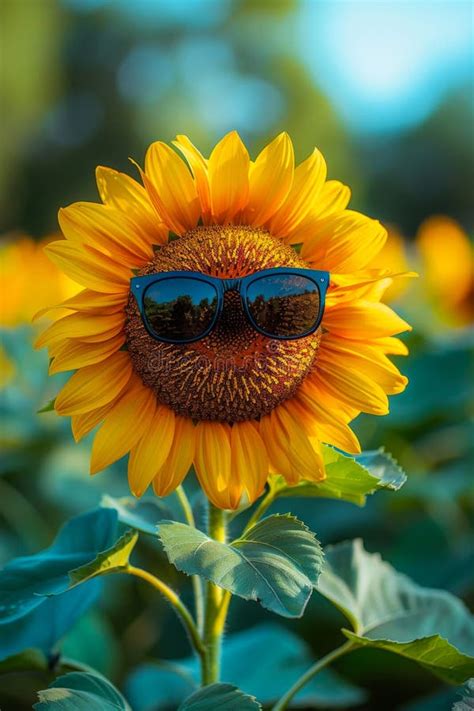 Sunflower With Sunglasses On Sunny Day A Sunflower Wearing Sunglasses