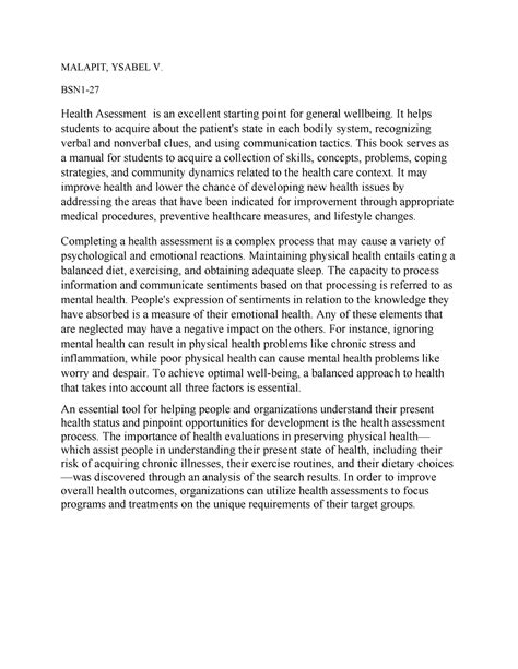 reflection analysis malapit ysabel v bsn1 health asessment is an