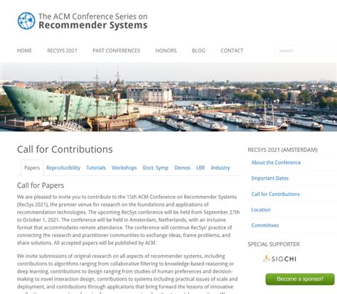 15th Acm Conference On Recommender Systems Recsys 2021 Call For Papers Rsc