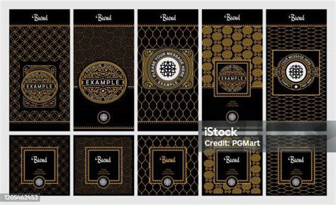디자인 요소 라벨 아이콘 프레임 포장 고급 제품의 디자인의 벡터 세트 황금 호일로 만들었습니다 향수 로션 와인 차 커피 금과 기하학적 배경에 격리 0명에 대한 스톡 벡터