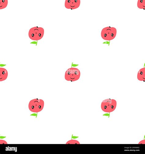 Seamless Red Apple Pattern Vector Background With Cute Fruits With Eyes And Smile In Cartoon