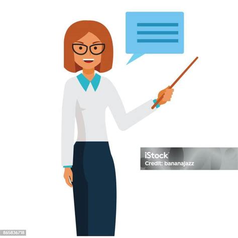 고립 된 흰색 배경에 포인터 만화 평면 벡터 일러스트 레이 션 개념으로 서 비즈니스 여자 선생님 교실에 대한 스톡 벡터 아트 및