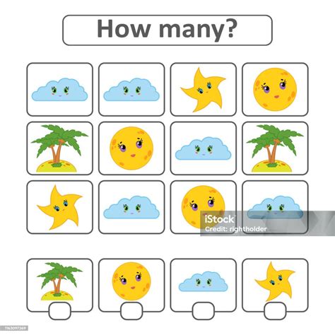 수학 능력의 개발을위한 미취학 아동을위한 게임을 계산합니다 그림의 개체 수를 계산합니다 답변장소 간단한 플랫 절연 벡터 그림입니다 0명에 대한 스톡 벡터 아트 및 기타