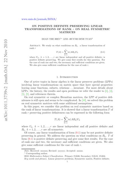 Pdf On Positive Definite Preserving Linear Transformations Of Rank R