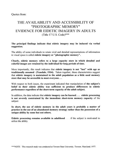 Eidetic Imagery In Adults Research Short Pdf