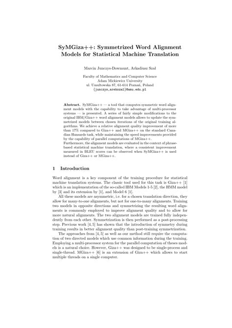 Pdf Symgiza Symmetrized Word Alignment Models For Statistical