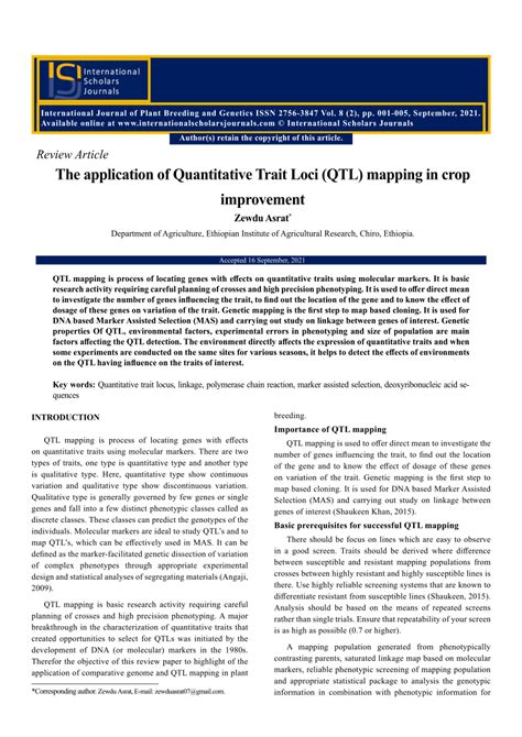 Pdf The Application Of Quantitative Trait Loci Qtl Mapping In Crop Improvement