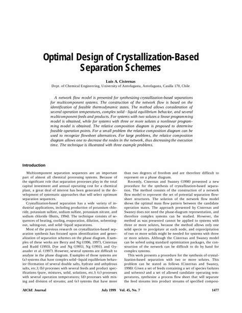Pdf Optimal Design Of Crystallization Based Separation Schemes