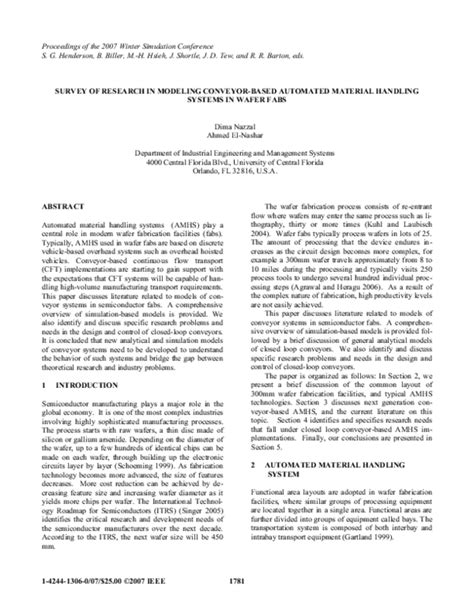 Pdf Survey Of Research In Modeling Conveyor Based Automated Material Handling Systems In Wafer