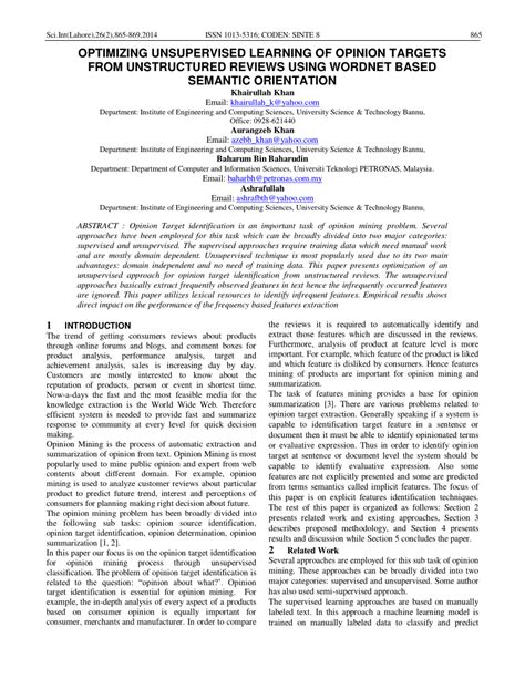 Pdf Optimizing Unsupervised Learning Of Opinion Targets From Unstructured Reviews Using