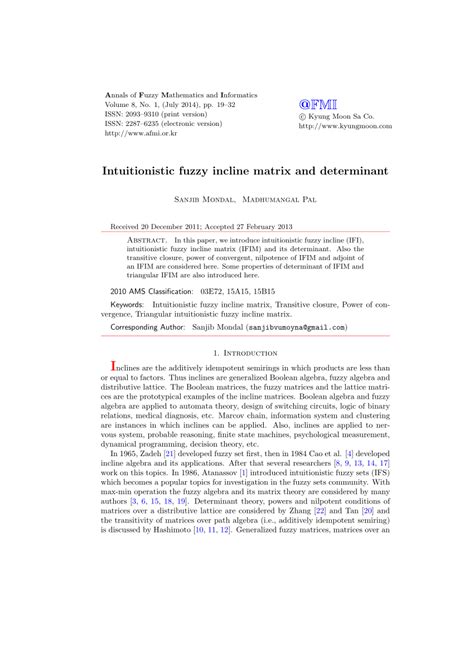 Pdf Intuitionistic Fuzzy Incline Matrix And Determinant