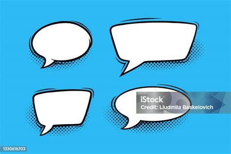 만화 스타일의 하프톤 그림자가있는 스피치 버블 파란색 배경으로 격리된 원형 및 직사각형 음성 상자입니다 벡터 일러스트레이션 Brand Name Online Messaging