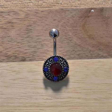 Red And Blue Gem Swirly Belly Button Ring Navel Body Piercing Etsy