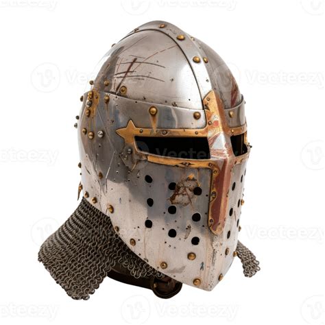 Vintage Medieval Crusader Helmet With Metal Texture And Chainmail Detail On White Background Vintage Medieval Crusader Helmet With Metal Texture And Chainmail Detail On White Background