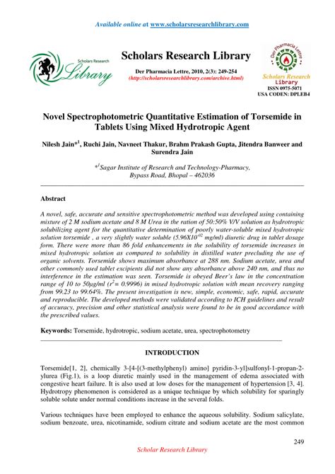 Pdf Novel Spectrophotometric Quantitative Estimation Of Torsemide In Tablets Using Mixed