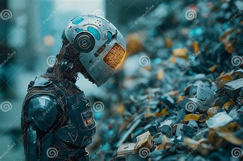 robot in a garbage dump with trash concept of environmental pollution stock illustration