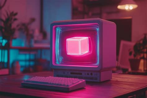 retro computer screen displaying a loading animation with a rotating cube premium ai generated