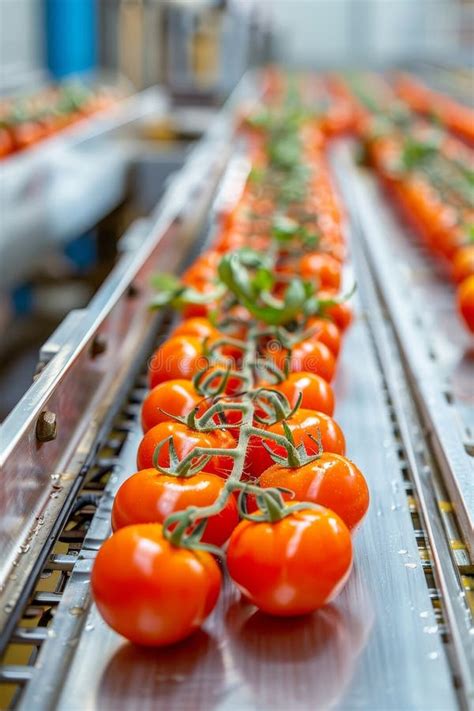 Fresh Ripe Red Tomatoes On A Conveyor Belt In A Food Processing Facility For Efficient Sorting