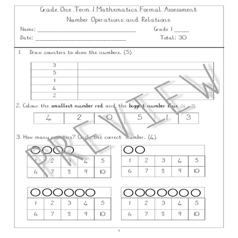 Number Operations And Relationships Assessment 1 And 2 Term 1 Grade 1