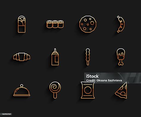 트레이 롤리팝 도너 케밥 가방 또는 패킷 감자 칩 피자 조각 소스 병 치킨 다리와 아이콘으로 덮여 세트 라인 벡터 가리기에 대한 스톡 벡터 아트 및 기타 이미지 Istock