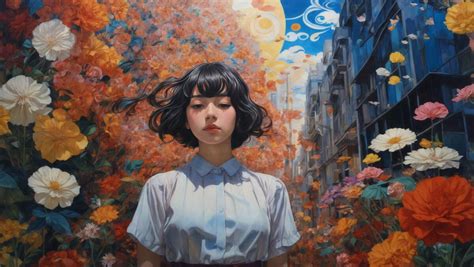 Картина с изображением девушки в платье стоящей перед цветами · бесплатная фотография от