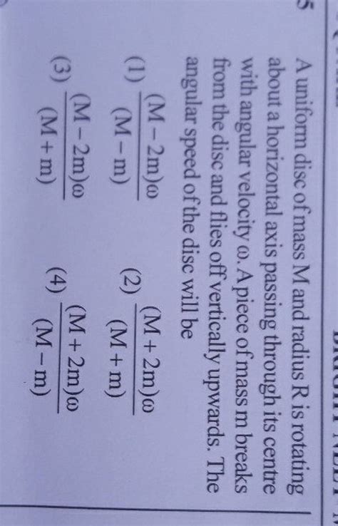 5 a uniform disc of mass m and radius r is rotating about a horizontal ax