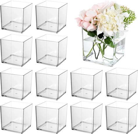 12 Pcs Clear Square Vases Acrylic For Centerpieces 4 X 4