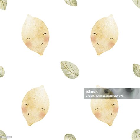 완벽 한 패턴 레몬 잎 눈을 가진 귀여운 과일 수채화 파스텔 프린트 음식 캐릭터 손으로 그린 일러스트레이션 흰색 배경에 디자인 섬유 직물 포장 옷 벽지 0명에 대한 스톡