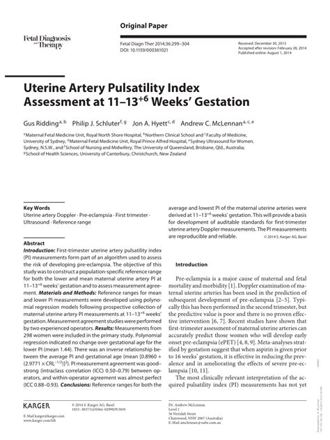Pdf Uterine Artery Pulsatility Index Assessment At 11 13 6 Weeks Gestation