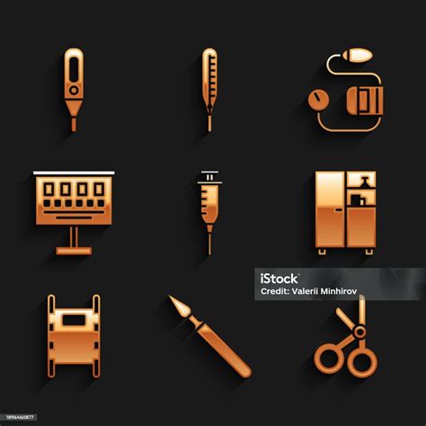 주사기 의료 수술 메스 가위 의학 캐비닛 들것 시력 검사 차트 혈압 및 디지털 온도계 아이콘을 설정합니다 벡터 가위에 대한 스톡 벡터 아트 및 기타 이미지 Istock